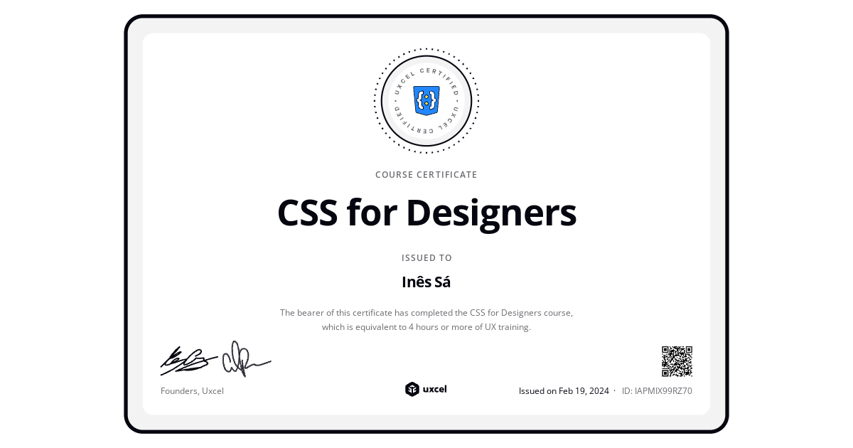 Certificate of completion for CSS Foundations | Uxcel